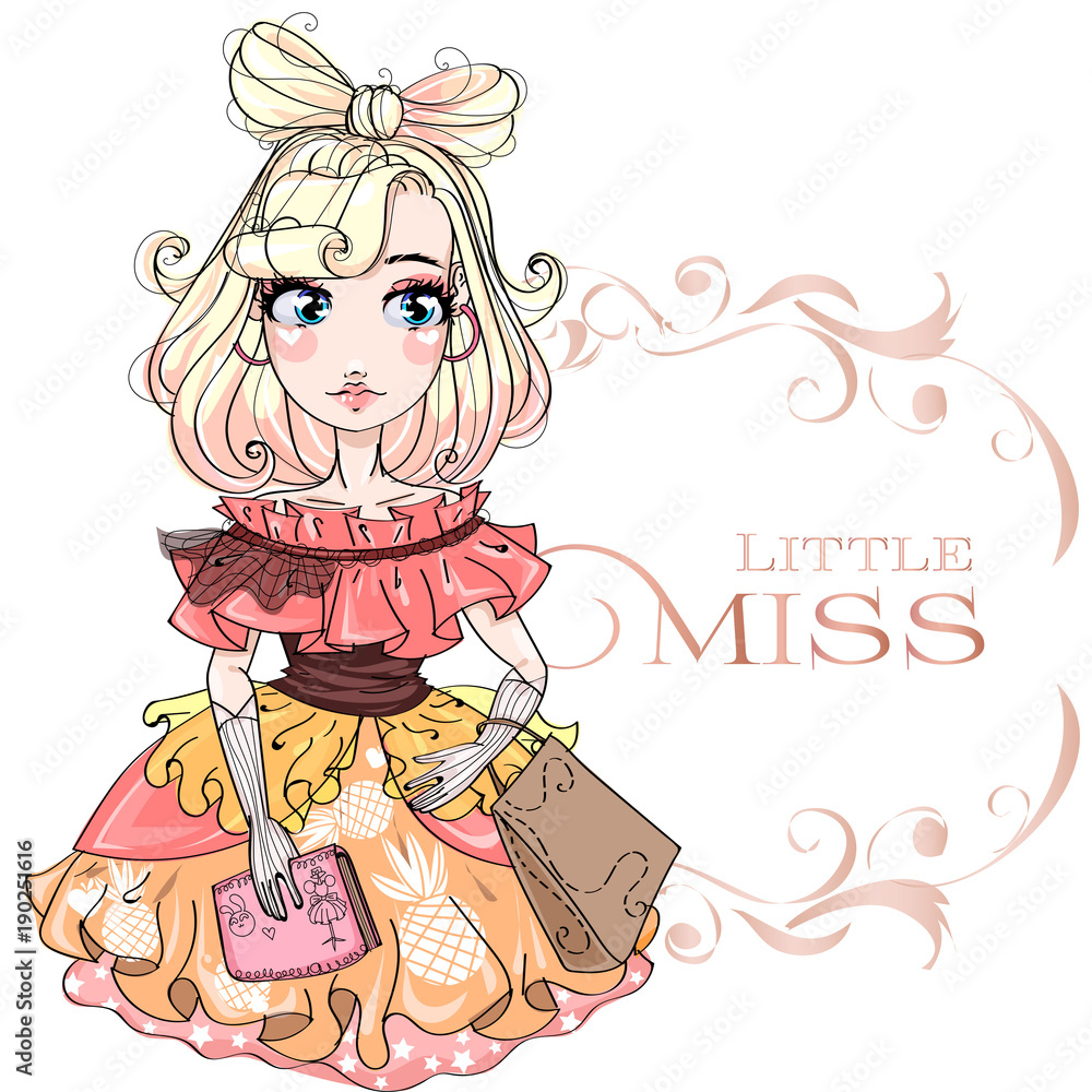 Little miss fashion girl with floral frame, anime cartoon character ...