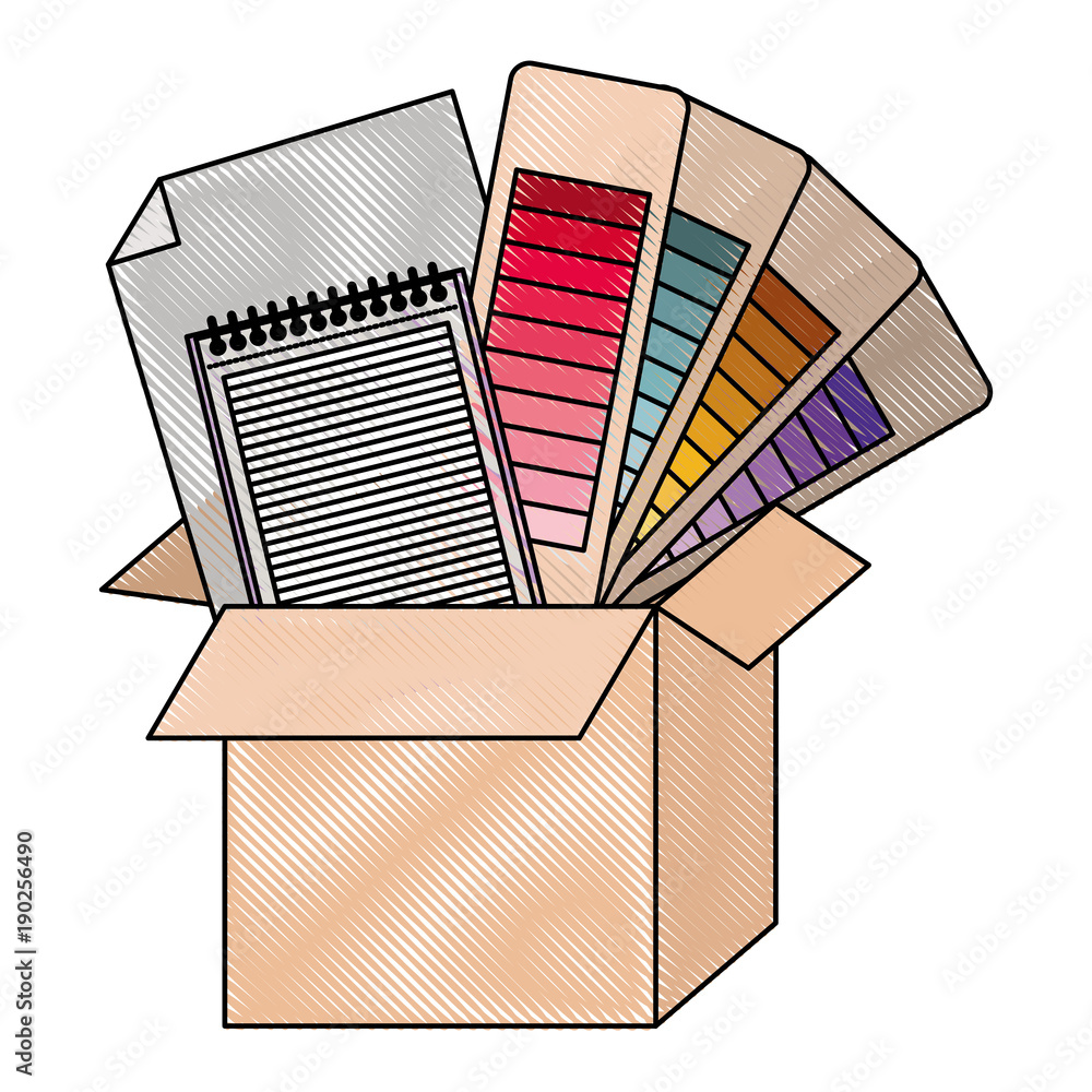 cardboard box and color palette guide and notebook and sheet blank in ...