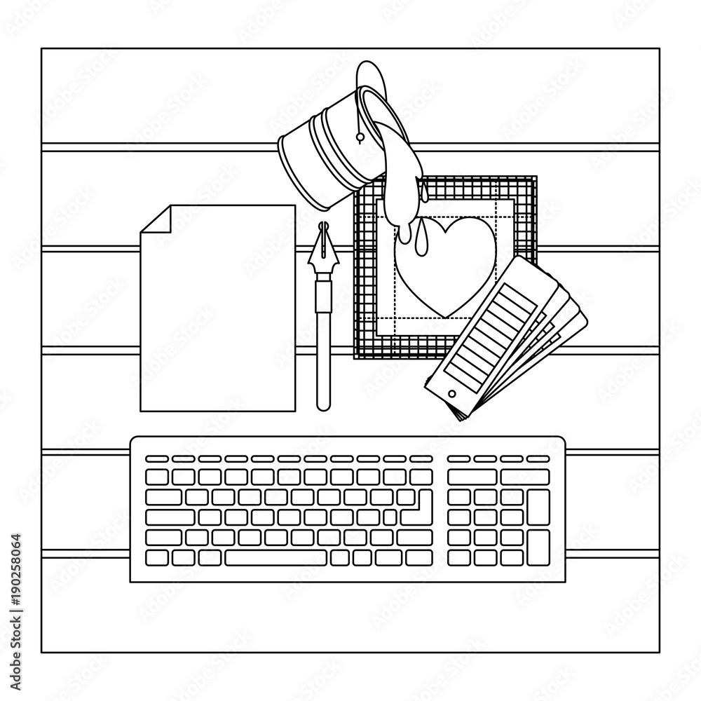 keyboard computer and drawing tools over desk on top view in black ...