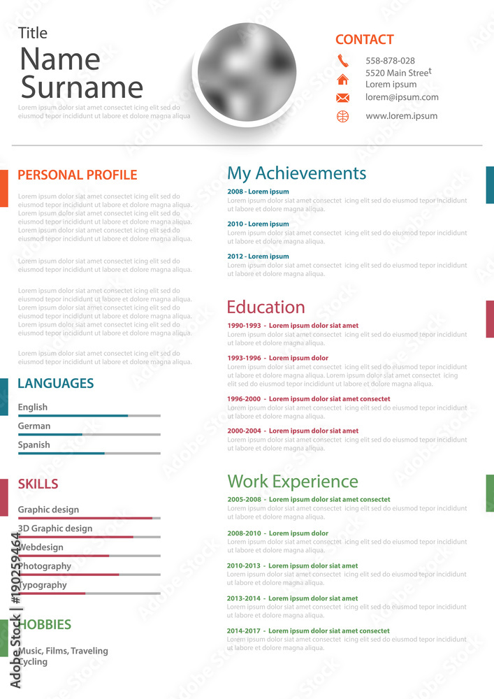 Professional personal resume cv with colored bookmarks on white ...