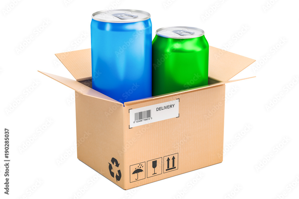 Cardboard box with drink metallic cans, delivery concept. 3D rendering ...