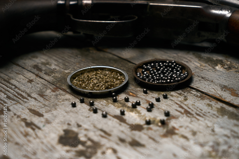 Shotgun rifle with gunpowder and many plumbeous fractions Stock Photo ...
