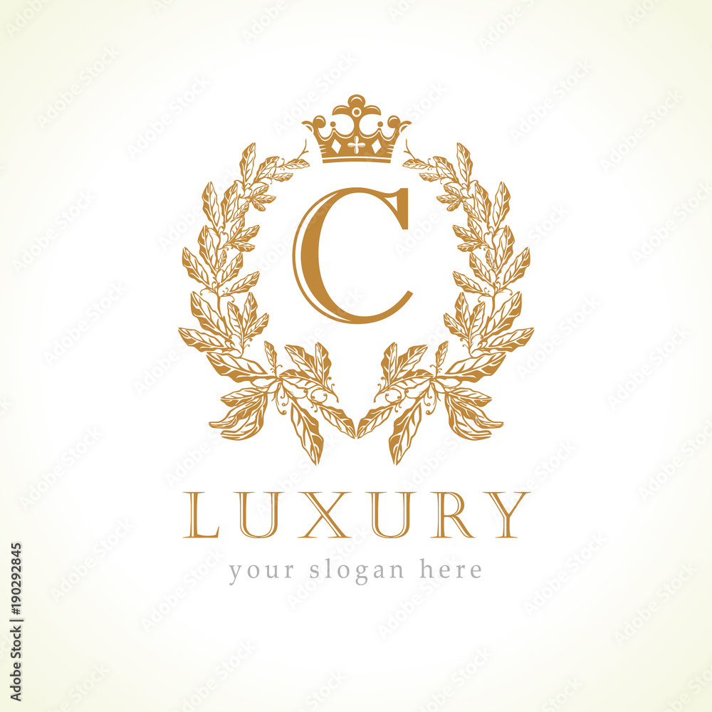 Luxury C letter and crown monogram logo. Laurel elegant beautiful round ...