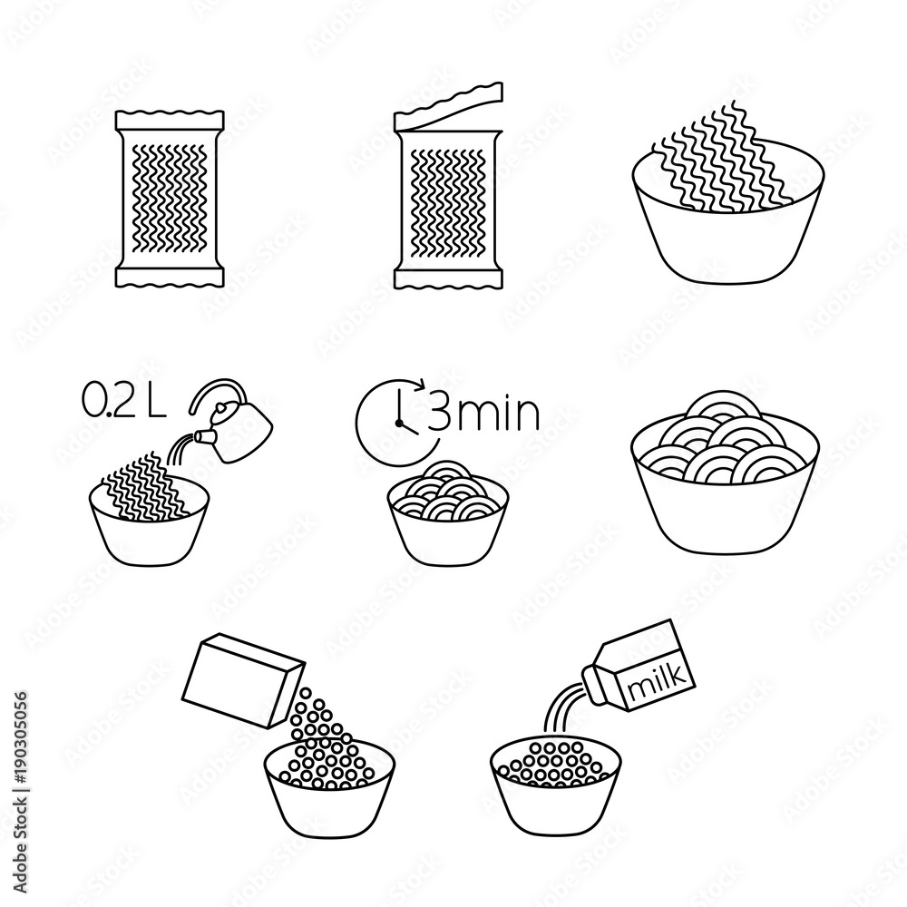 cooking instant noodle set line on white background Stock Vector ...