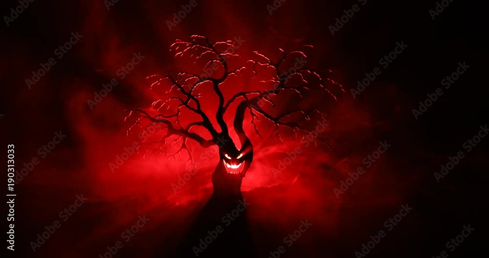 Silhouette of scary Halloween tree with horror face on dark foggy toned ...