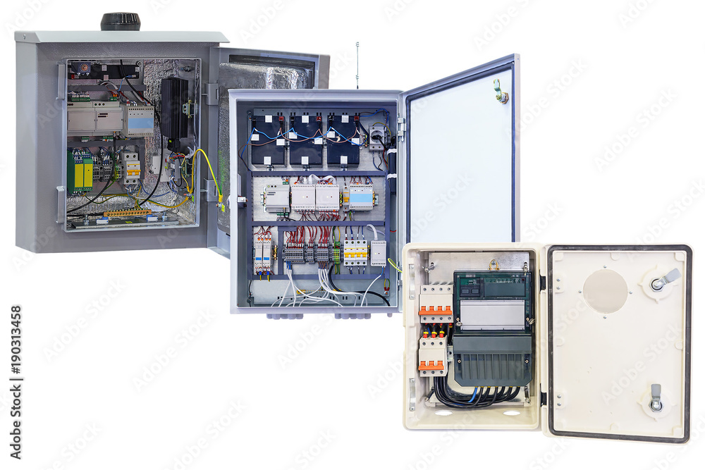 electrical control Cabinet with an open door isolated on a white ...