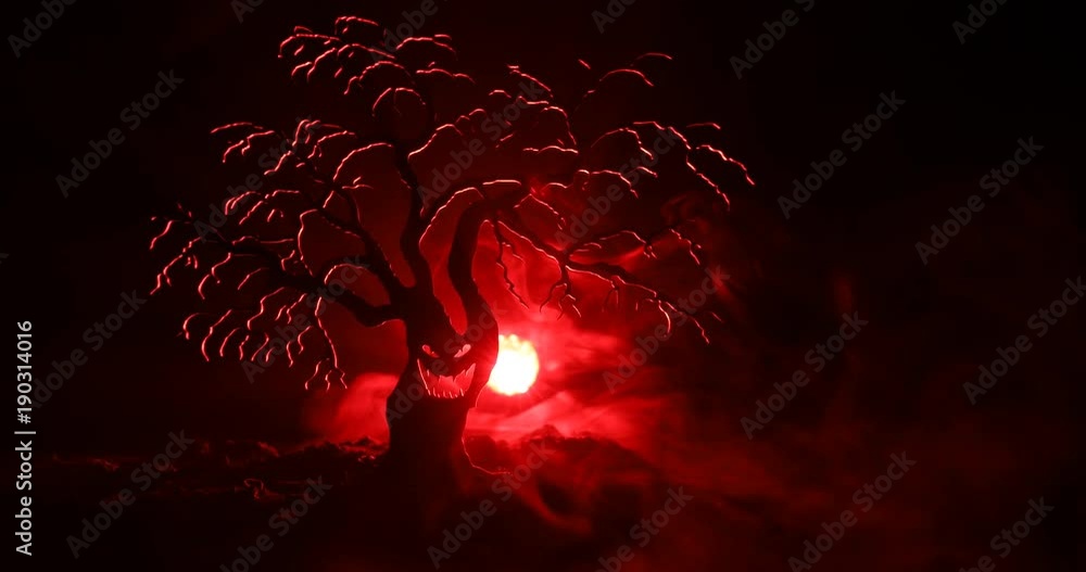 Silhouette of scary Halloween tree with horror face on dark foggy toned ...