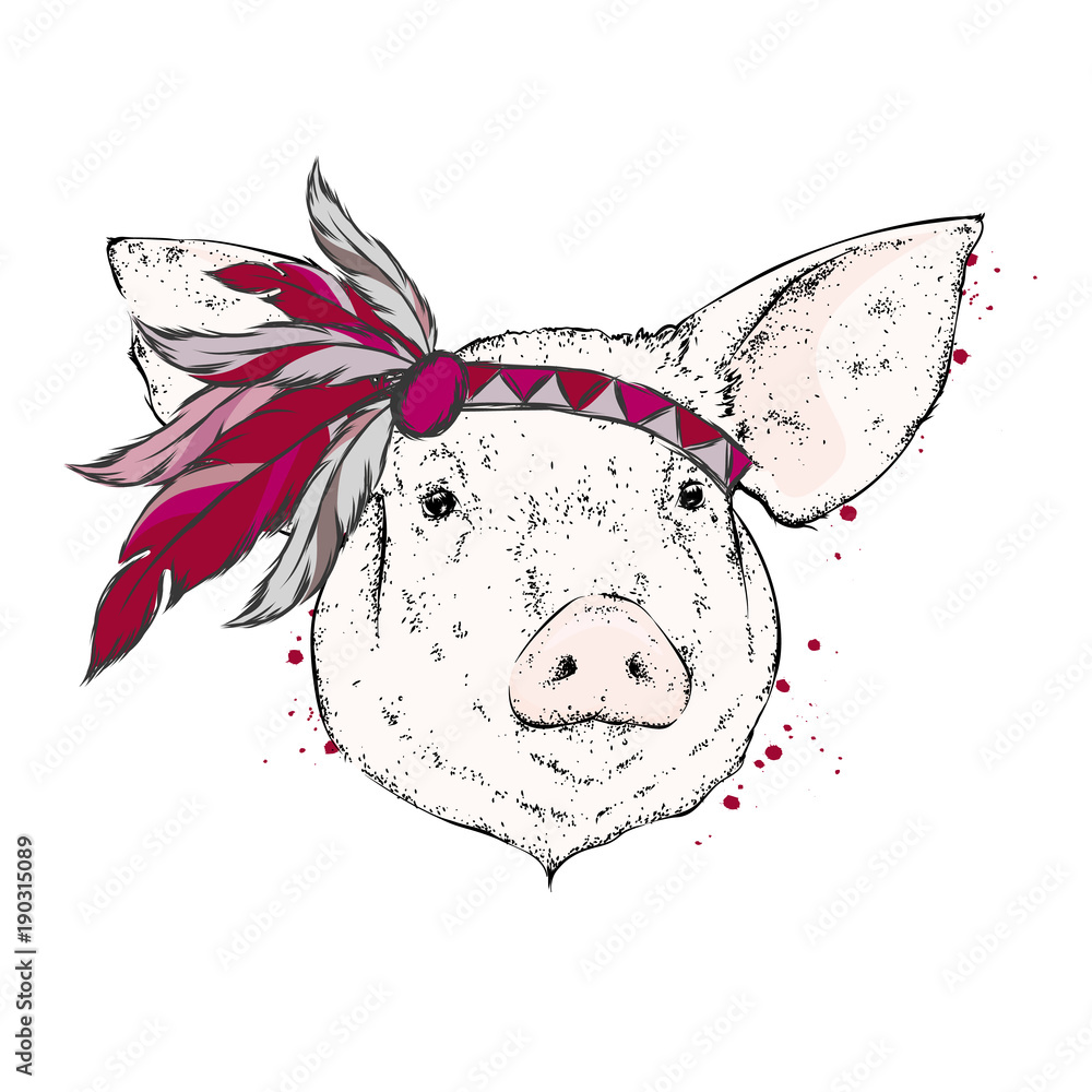 Pig in an Indian feather armband. Indian. Vector illustration. Stock ...
