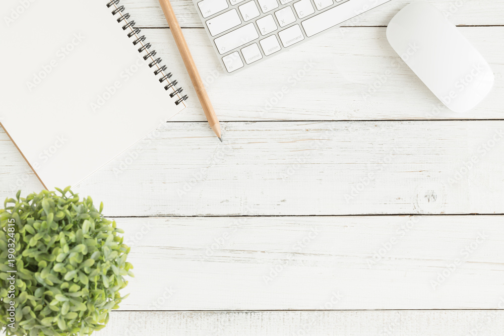 Flat lay photo of office desk with mouse and keyboard,White copy space ...