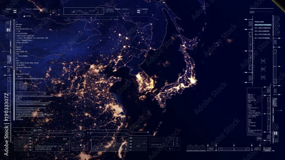 South Korea Planet Earth intro.Flight to ROK .HUD with digital data ...