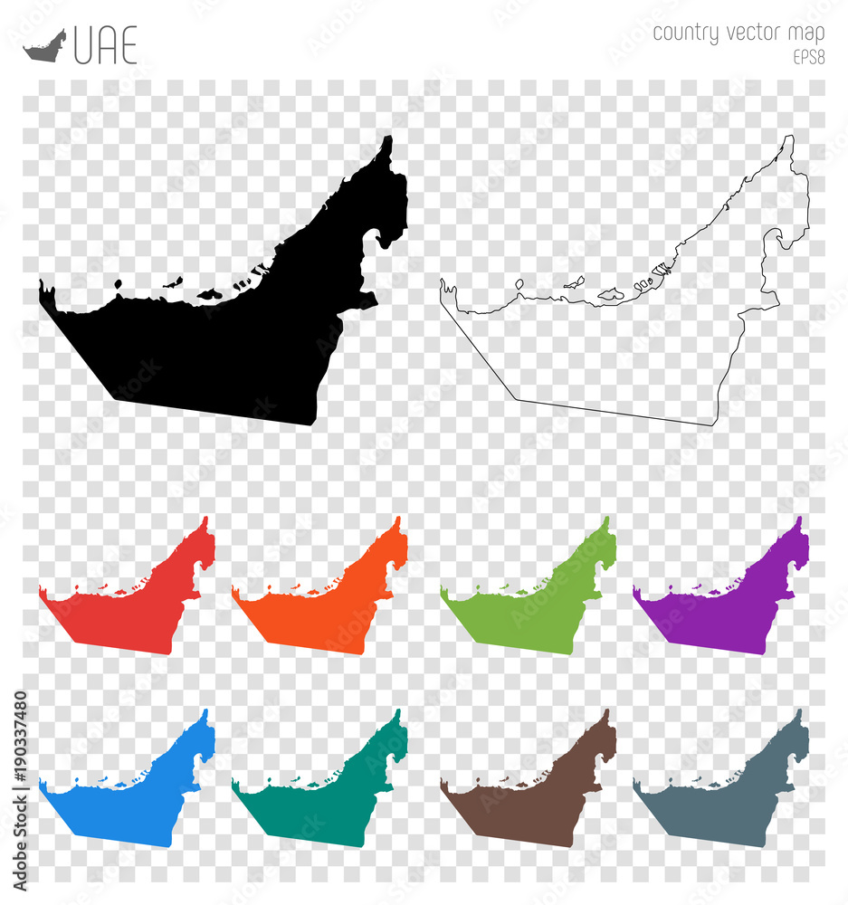 UAE high detailed map. Country silhouette icon. Isolated UAE black map ...