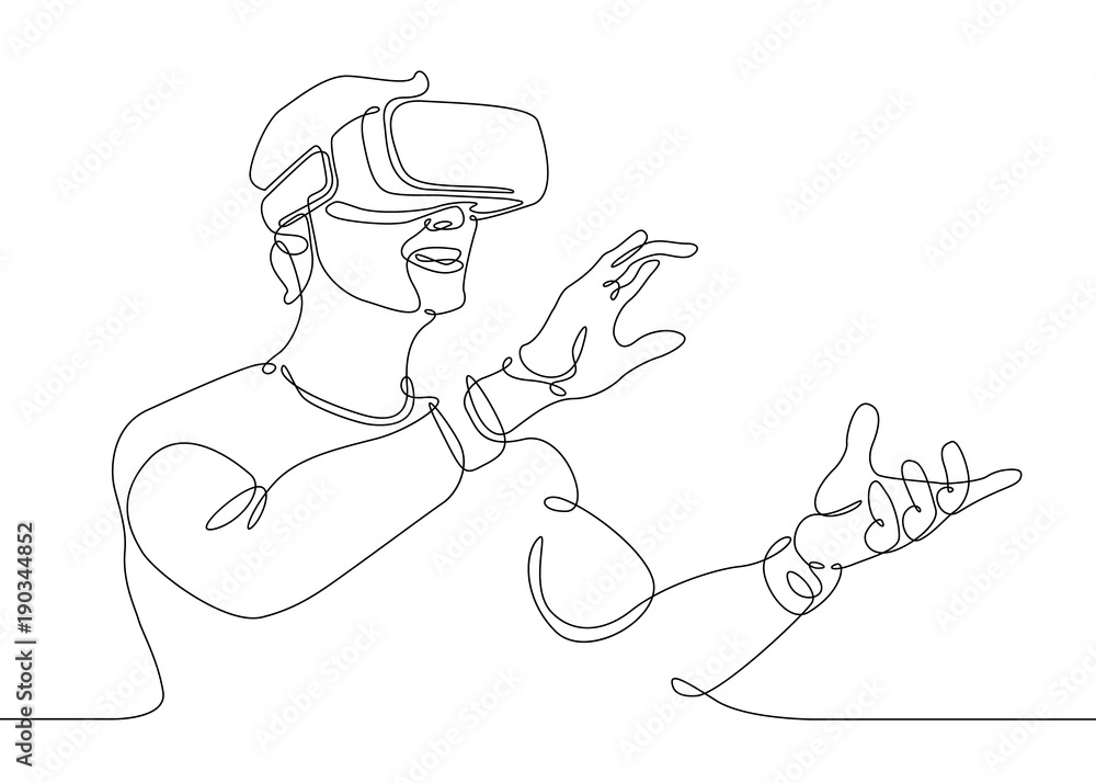 continuous line drawing Man in glasses device virtual reality Stock ...