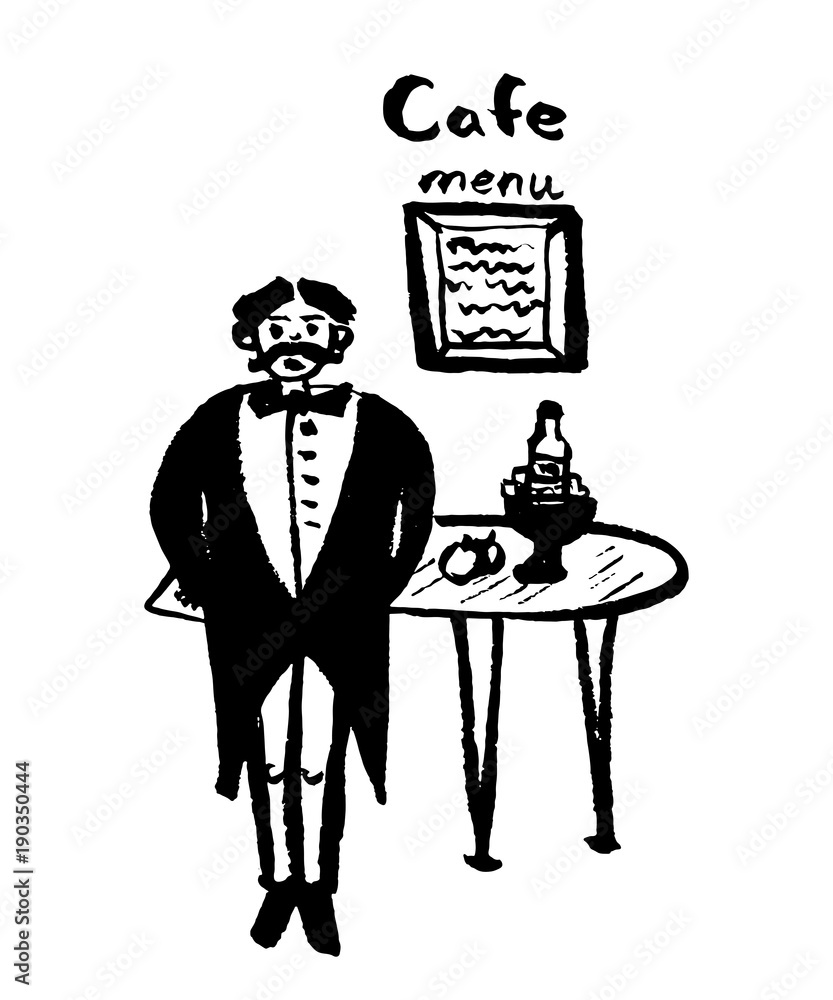 drawing image waiter in dress coat and in butterfly covers on table in ...