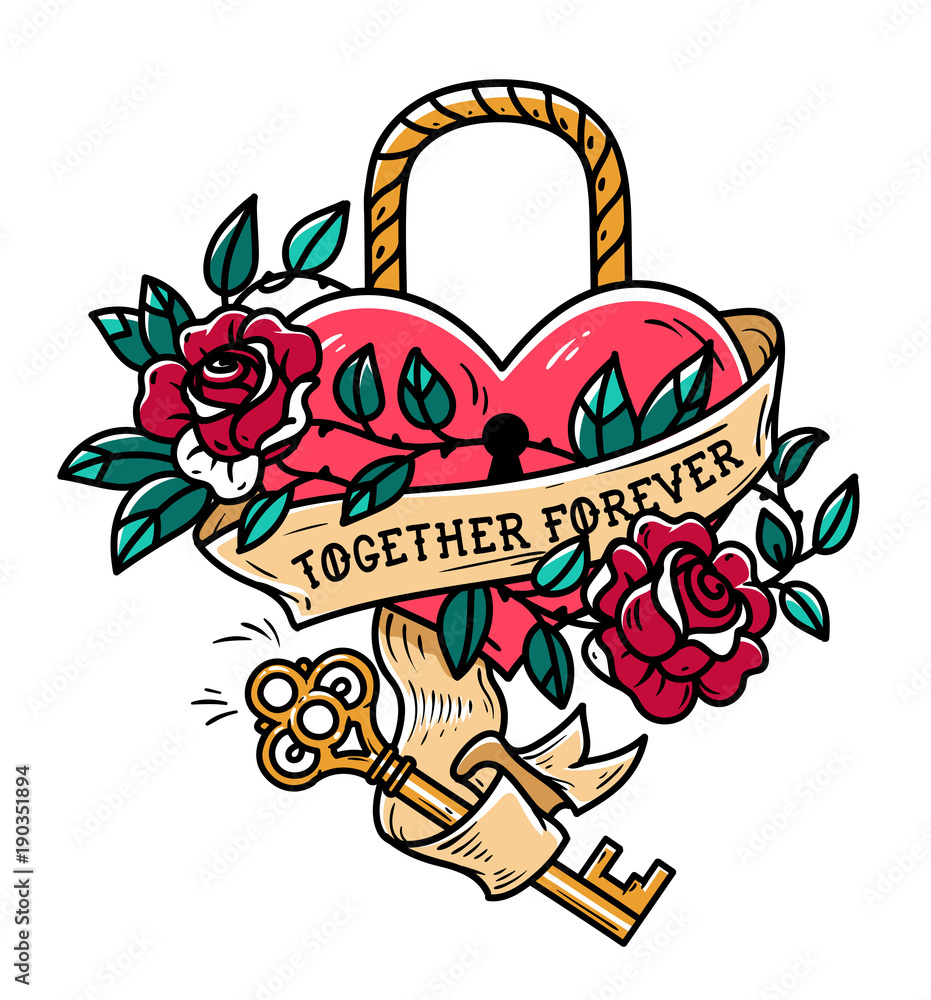 Heart shaped lock. Tattoo heart under lock and key. Together forever ...