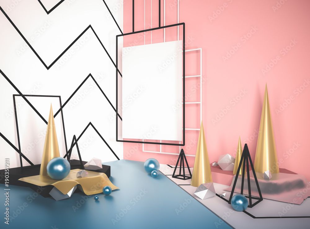 3d render mock up scene with poster or banner empty space. Modern minimalistic digital ...