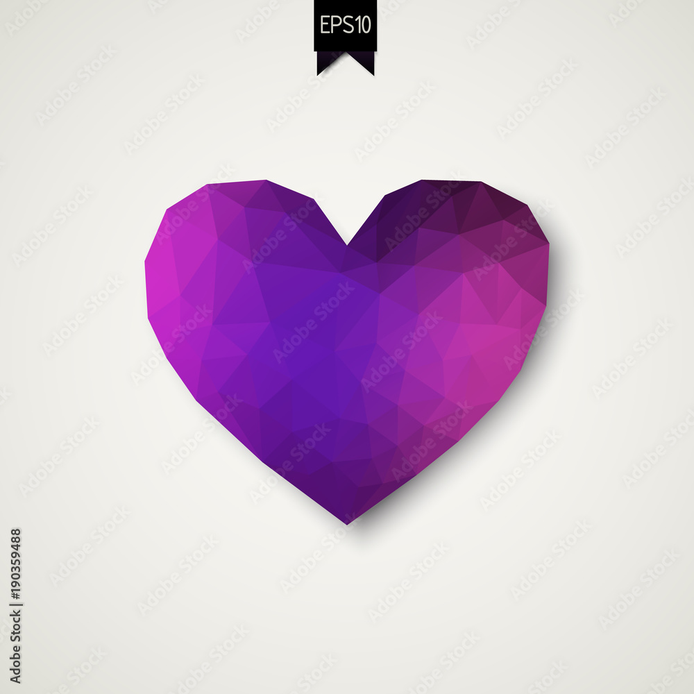 Vector purple heart of triangles in low poly style with shadow and ...