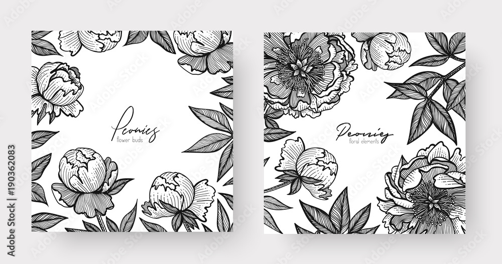 Graphic detailed frame with peony flowers and leaves. Two design ...