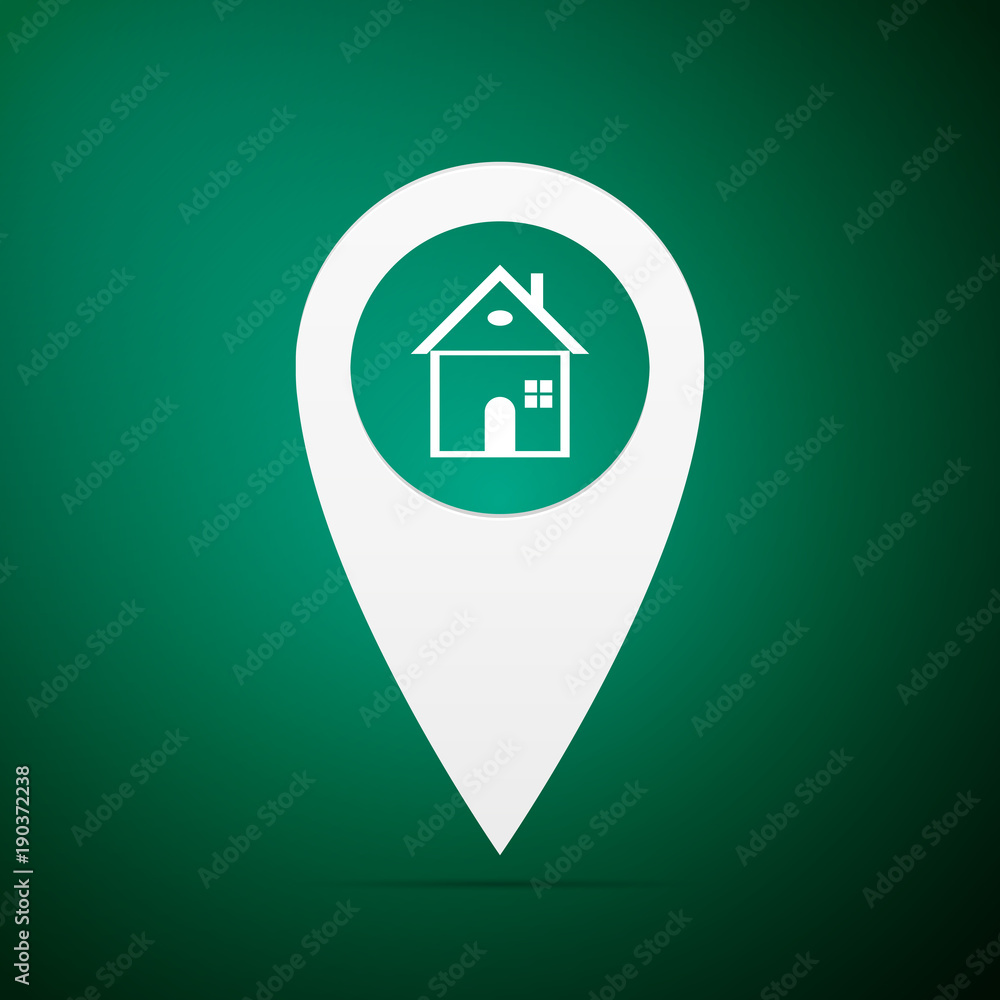 Map pointer with house icon isolated on green background. Home location ...