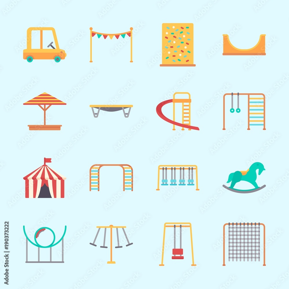 Icons about Amusement Park with roller coaster, carousel, climb ...