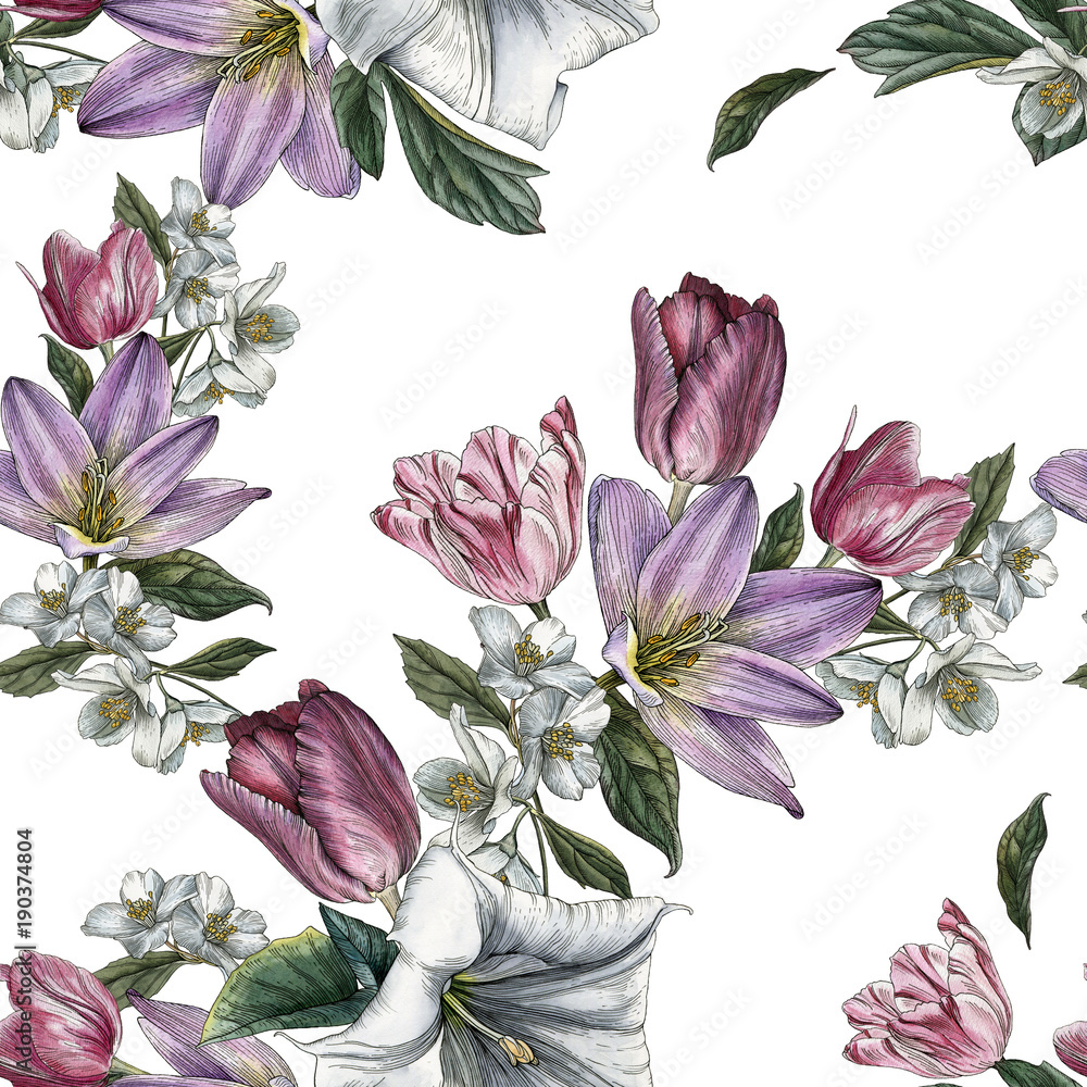 Floral seamless pattern with watercolor tulips and jasmine wall mural ...