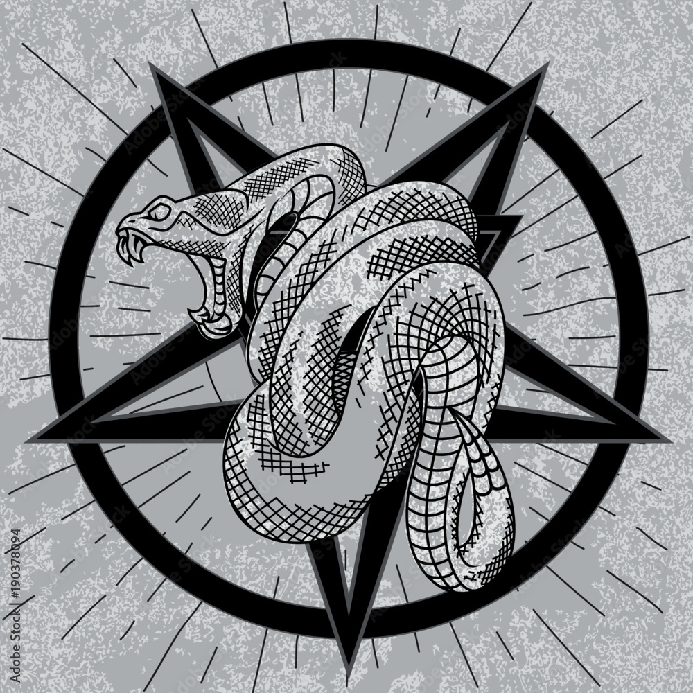 Satanic viper snake in star rays with grunge background. Hand drawn ...