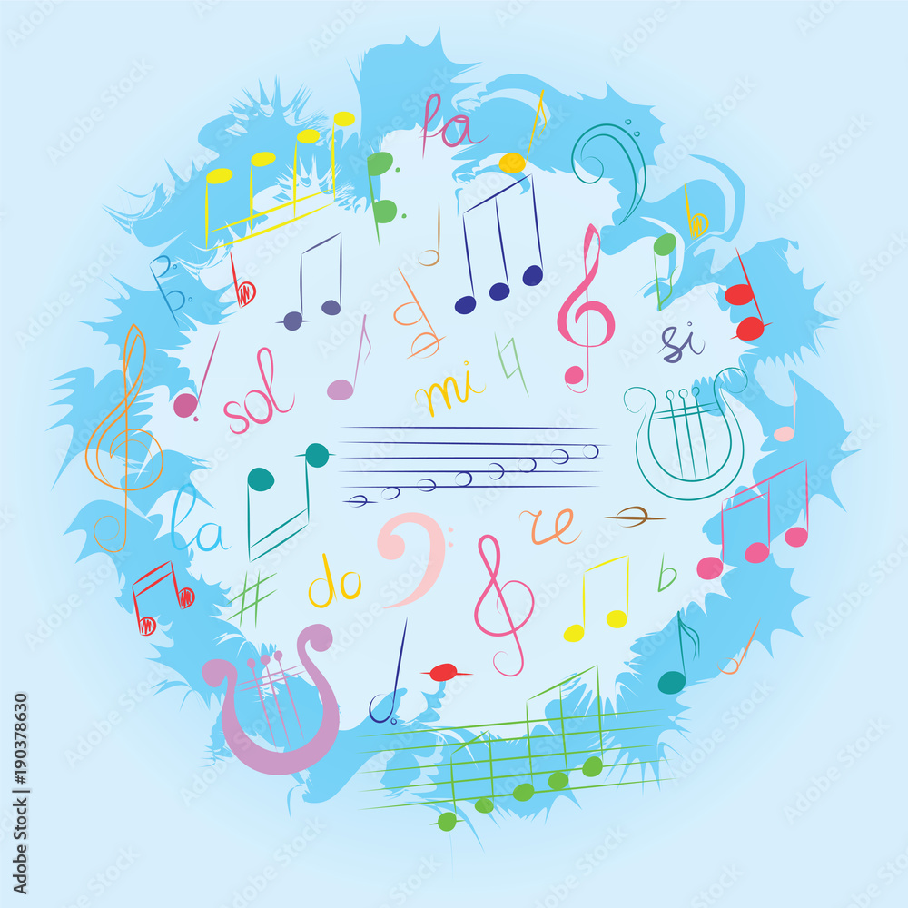 Colorful Hand Drawn Set of Music Symbols. Doodle Treble Clef, Bass Clef ...