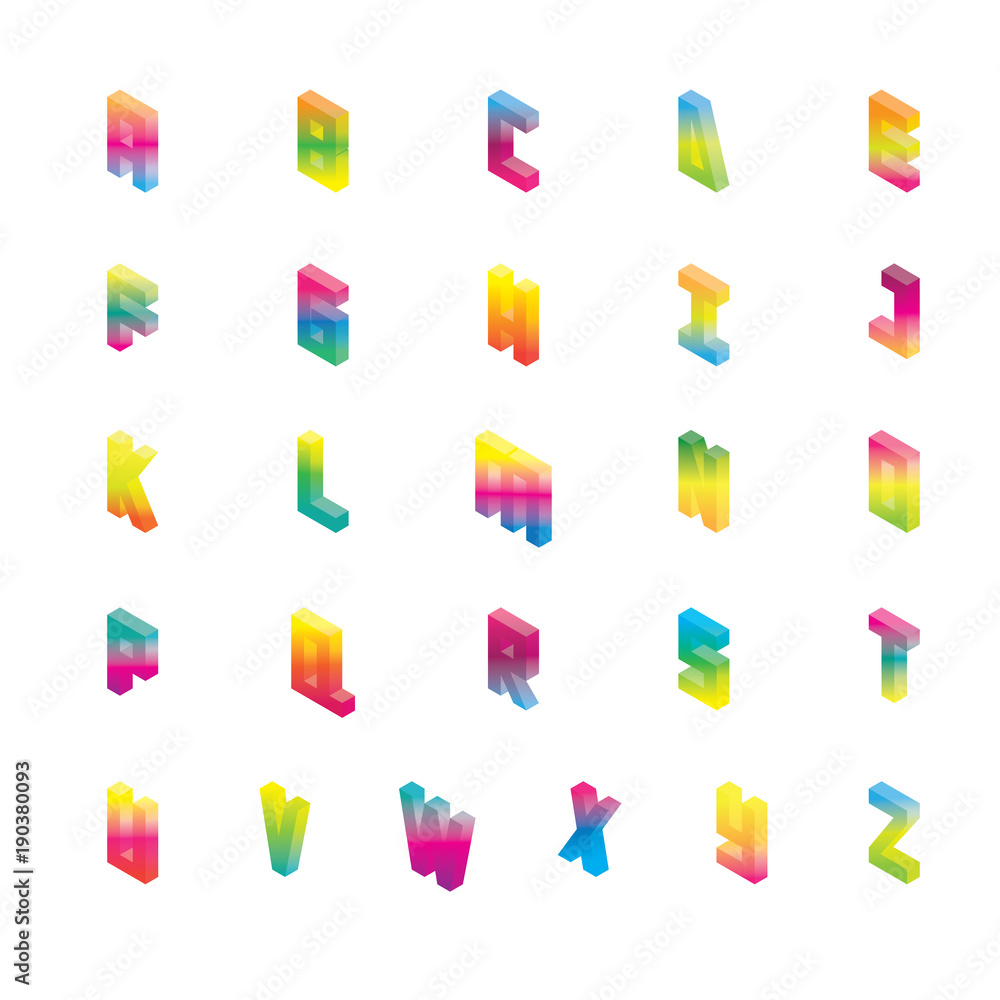 Isometric alphabet in gradient bright colors. Vector collection good ...