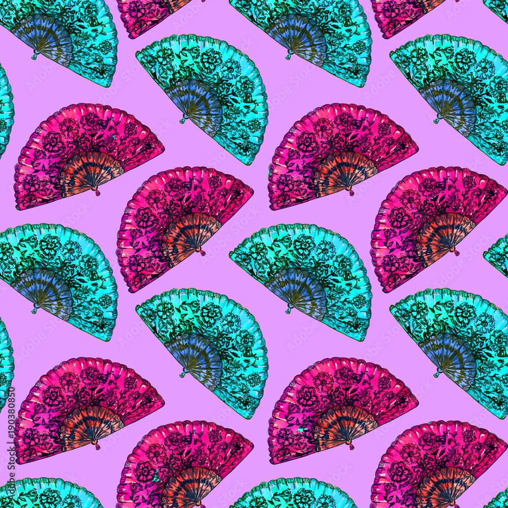 Ilustrace „Traditional red and blue Spanish fans with black flowers ...