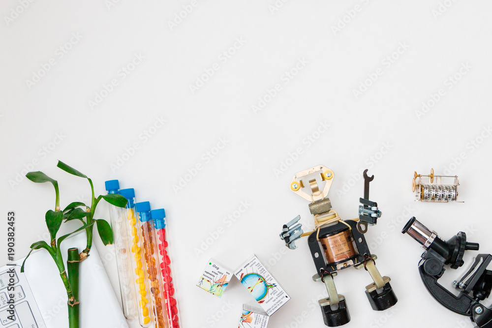 STEM education. Mock up. White background, free space for text. Metal ...