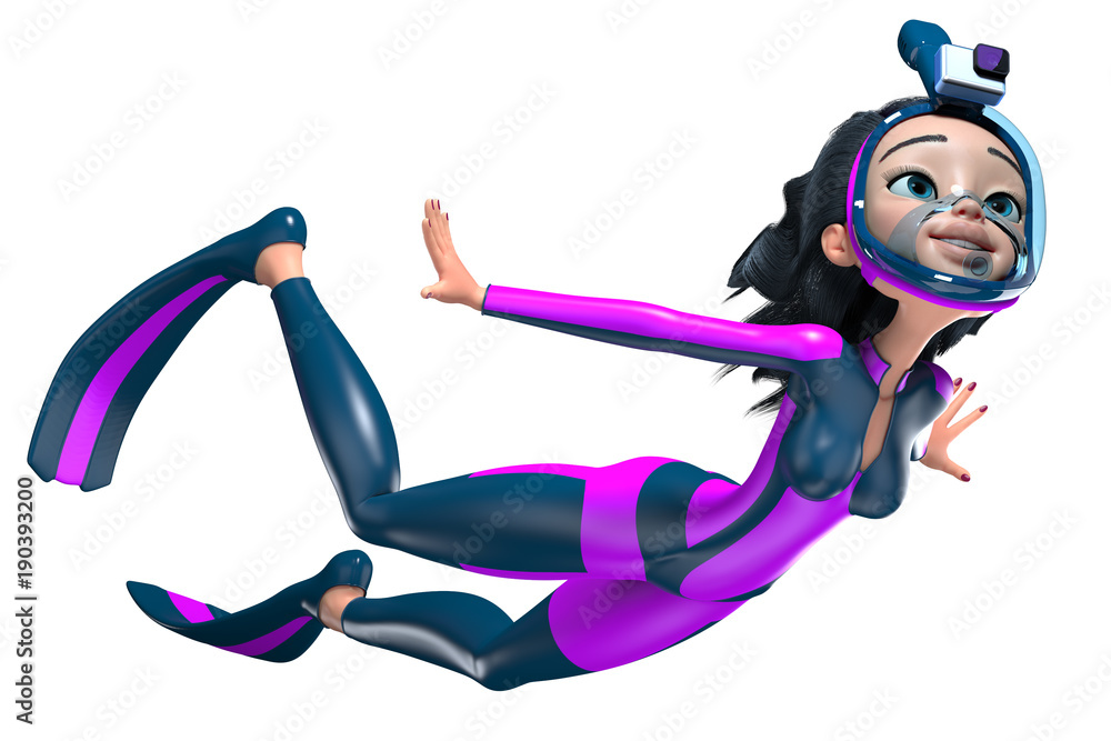 Snorkeling/ A girl with long hair in a blue-purple diving suit is ...