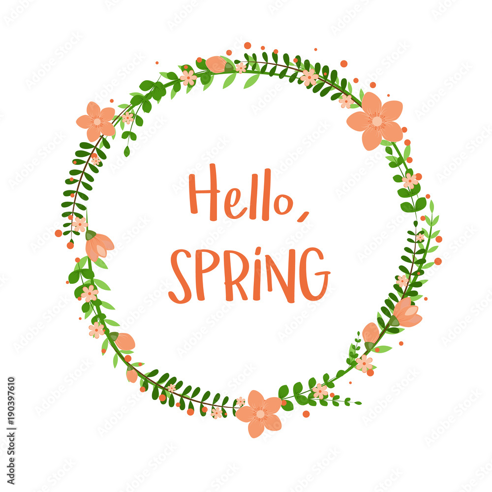 Hello Spring floral frame with flowers isolated on white background ...