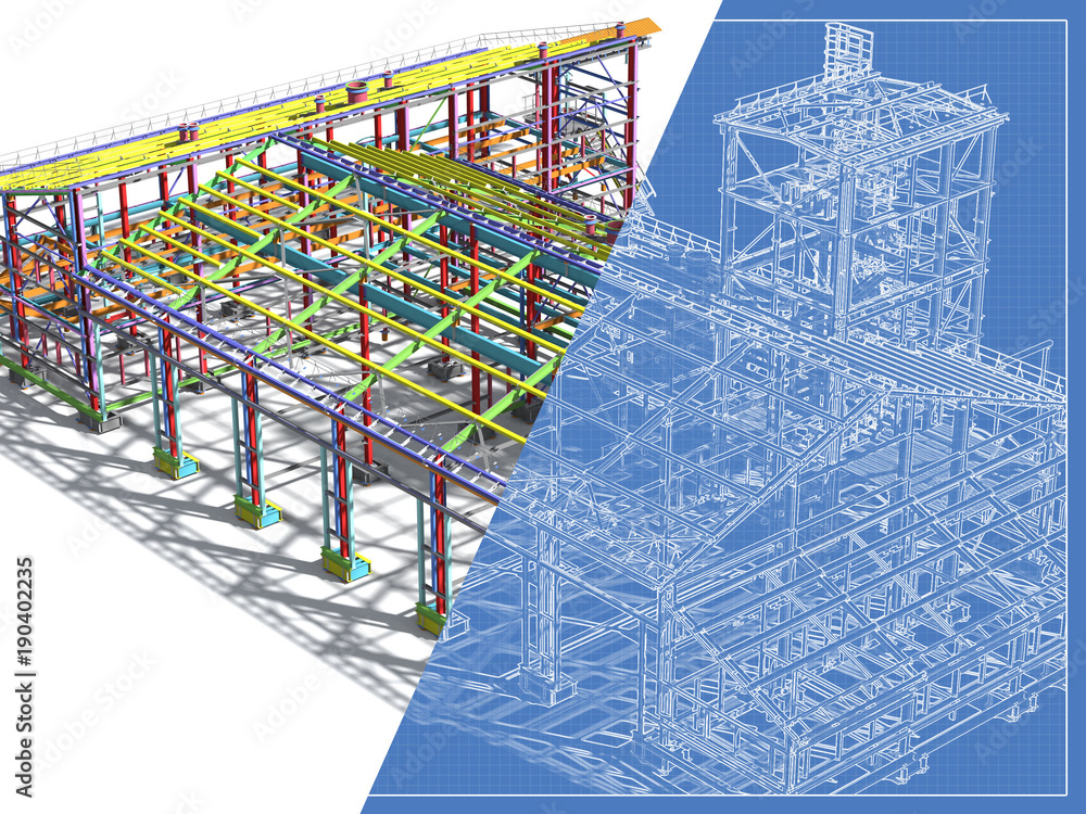 Construction of metal buildings, model and blueprint. Engineering ...