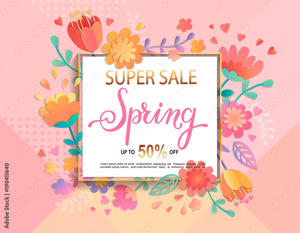 Card for super sale in spring with handdrawn lettering in square frame ...
