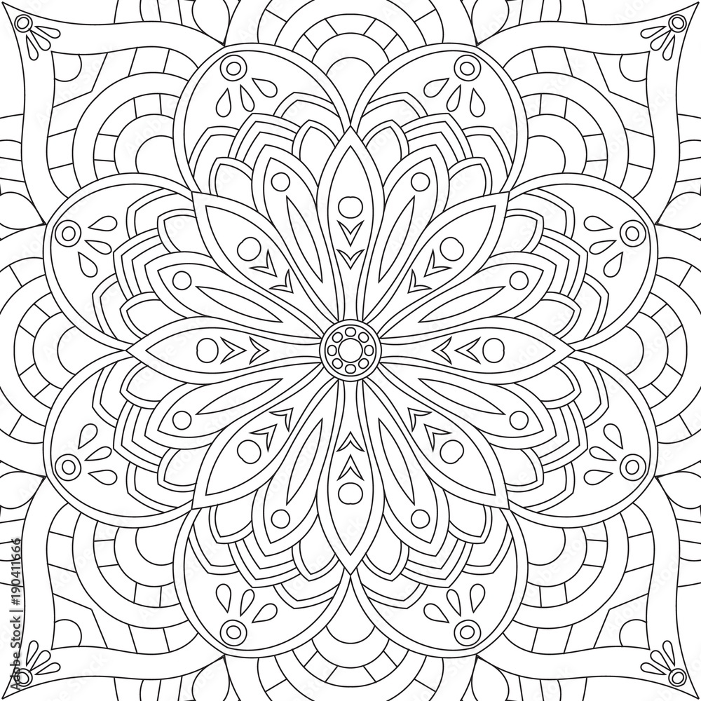 Flower rectangular mandala for adults. Coloring book page design. Anti ...