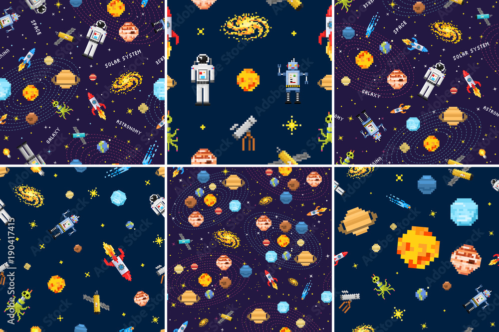 space seamless pattern set background, alien spaceman, robot rocket and ...