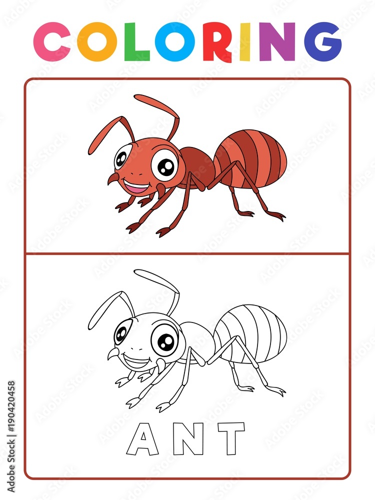 Funny Ant Insect Animal Coloring Book with Example. Preschool worksheet ...