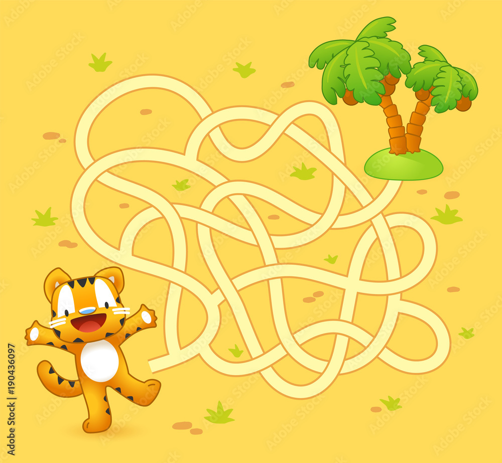 Help tiger cub find path to palm. Labyrinth. Maze game for kids Stock ...