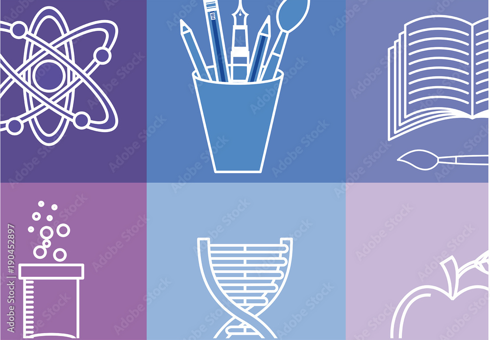 Purple and Blue Educational Science and Art Icons Set Stock Template ...