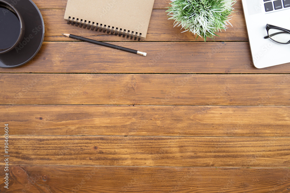 Flat lay of top view desk work table with computer laptop and ...