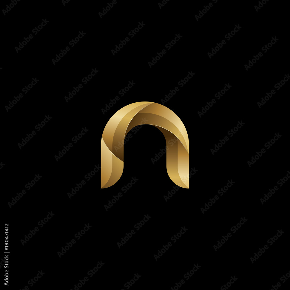 Initial lowercase letter n, swirl curve rounded logo, elegant golden ...