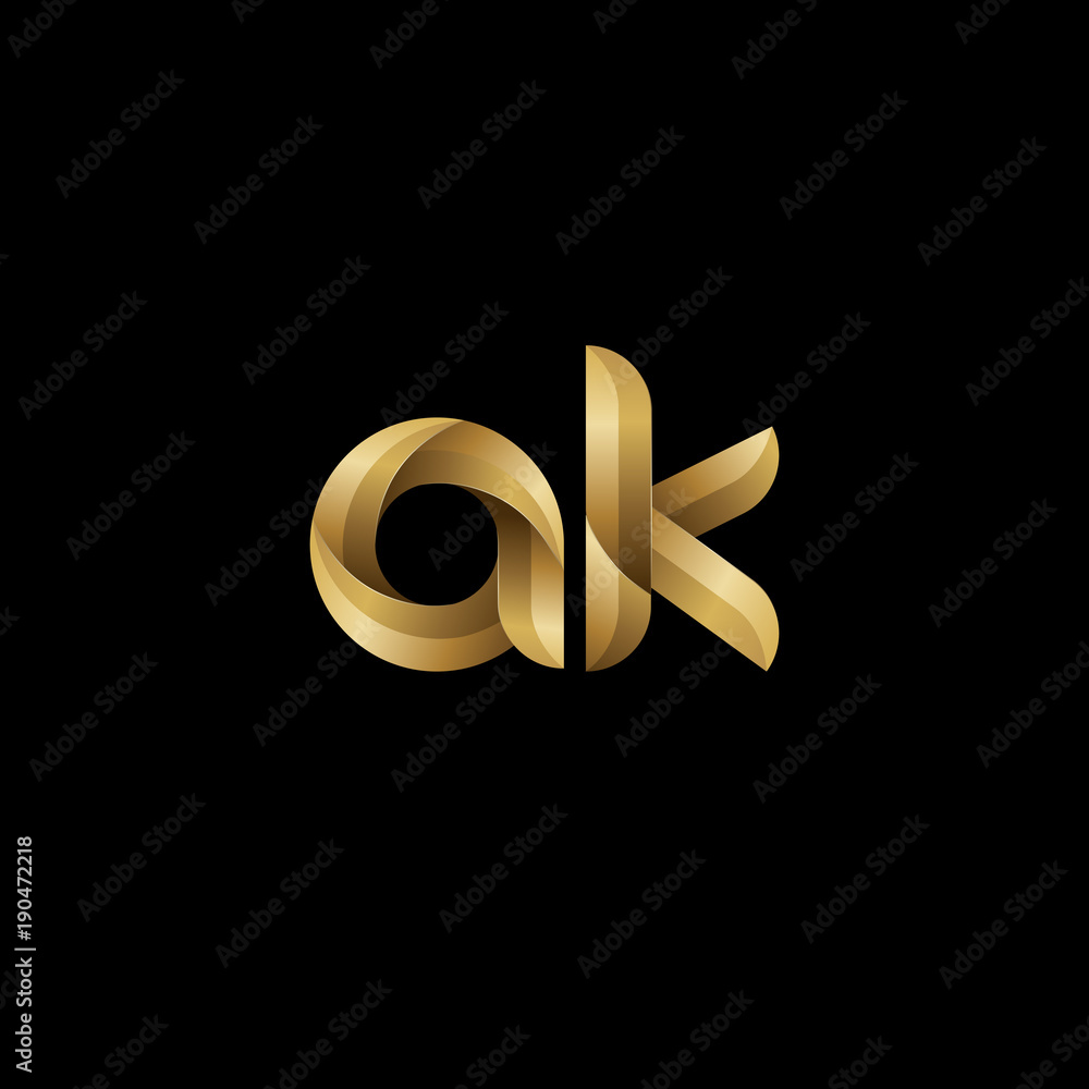 Initial lowercase letter ak, swirl curve rounded logo, elegant golden ...