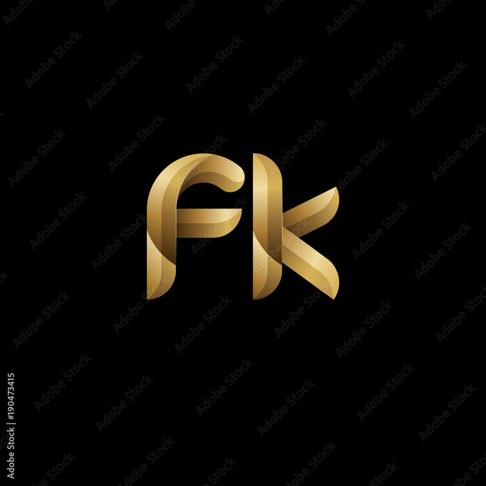 Initial lowercase letter fk, swirl curve rounded logo, elegant golden ...