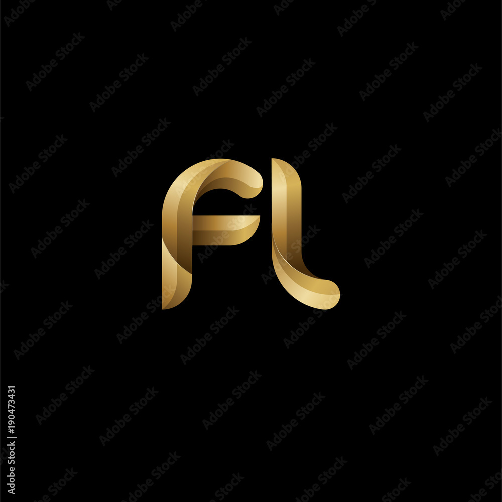 Initial lowercase letter fl, swirl curve rounded logo, elegant golden ...