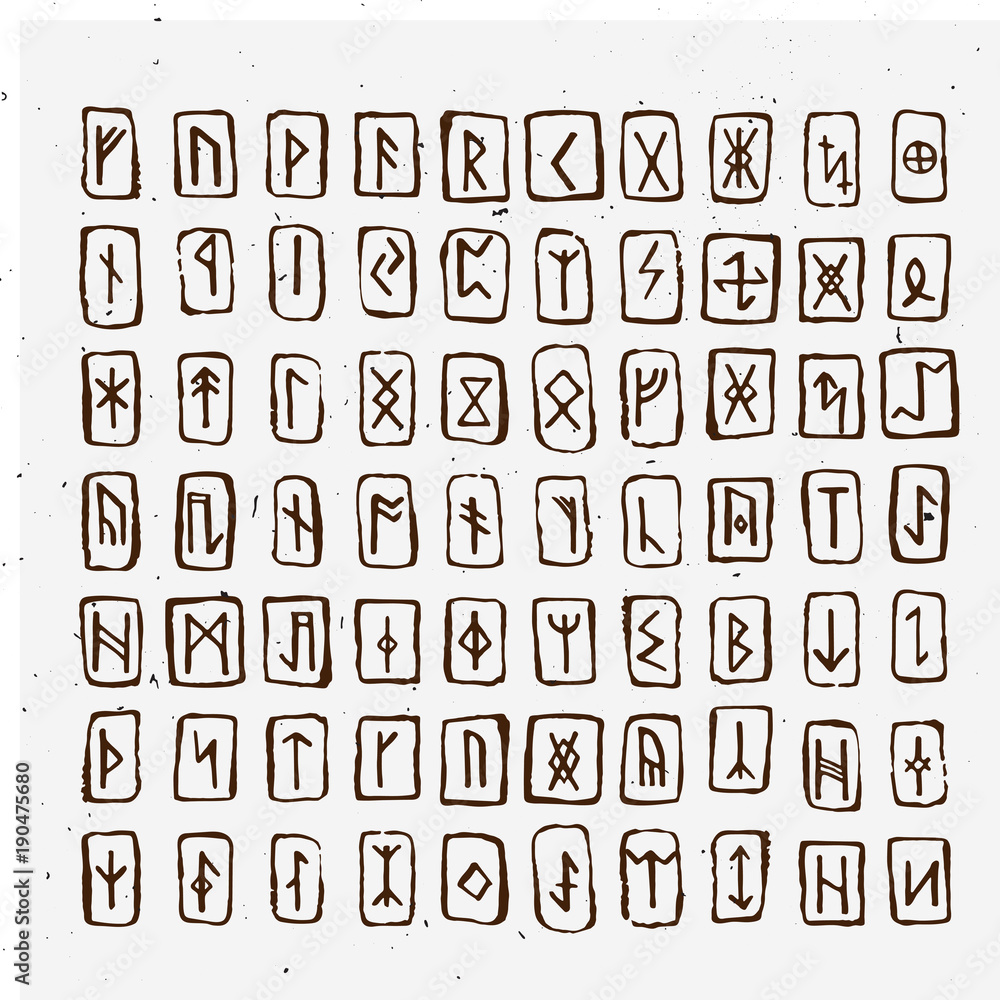 Set of Old Norse Scandinavian runes carved in wood. Runic alphabet ...