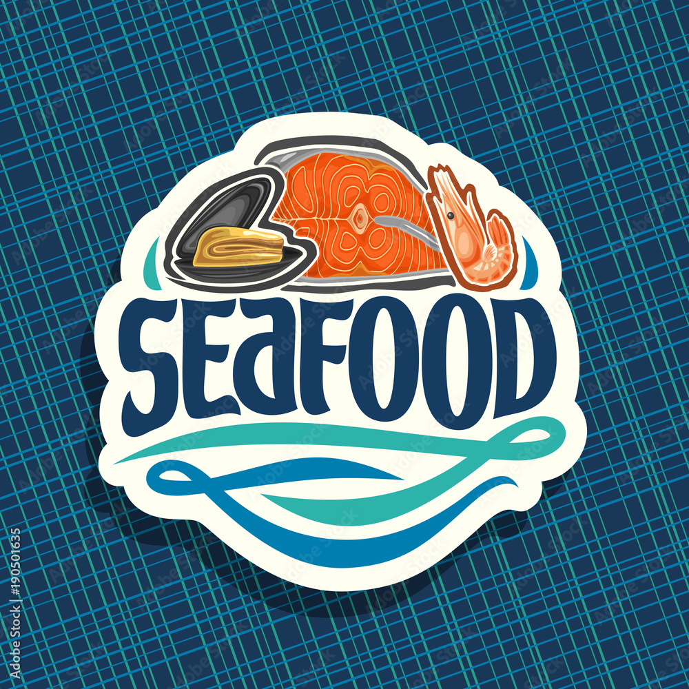 Vector logo for Seafood, open raw mussel, sliced piece of red salmon ...