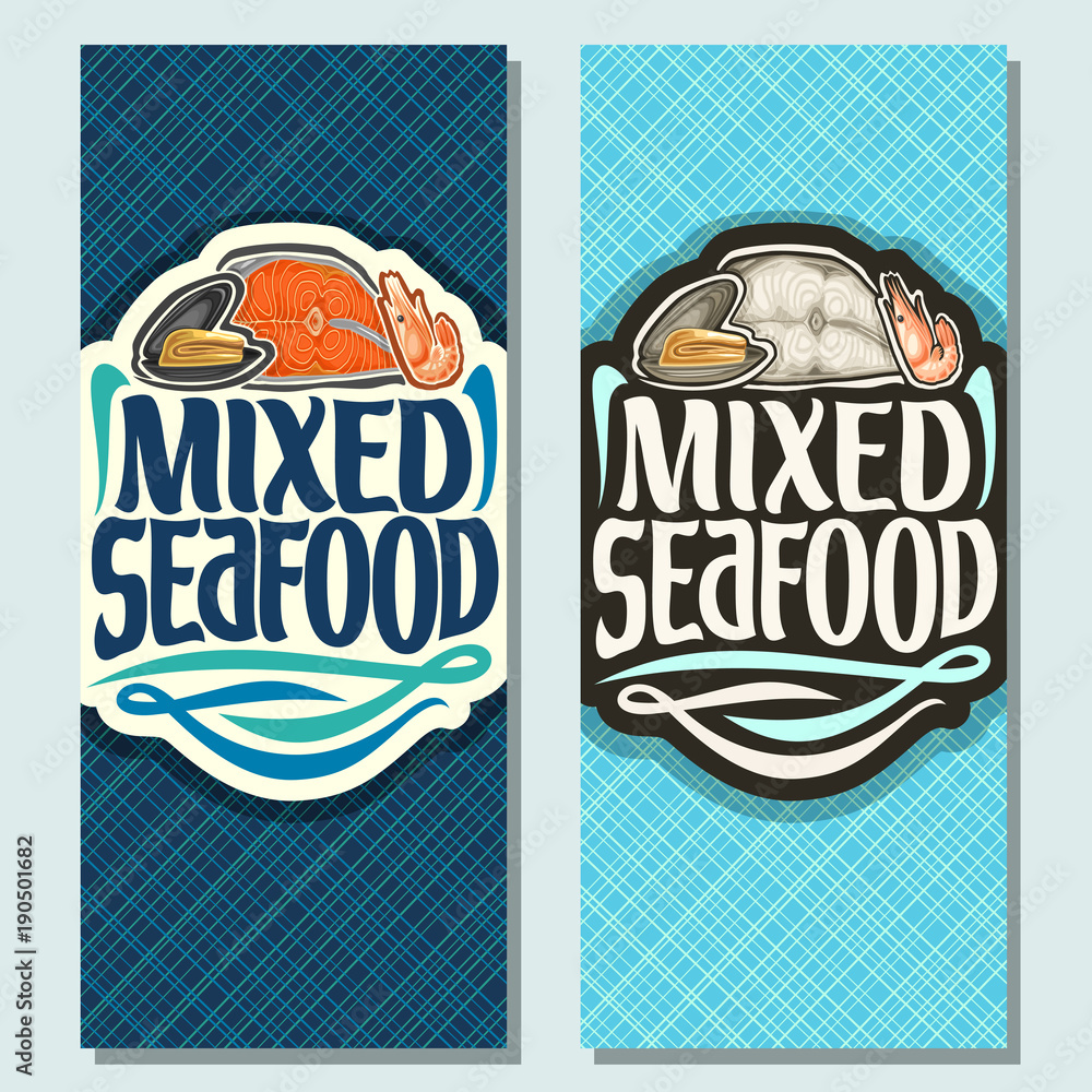 Vector vertical banners for Seafood, open raw mussel, sliced piece of ...