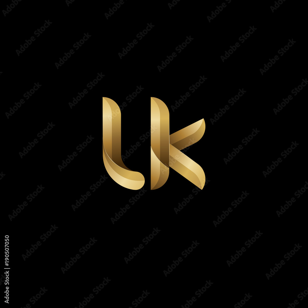 Initial lowercase letter lk, swirl curve rounded logo, elegant golden ...
