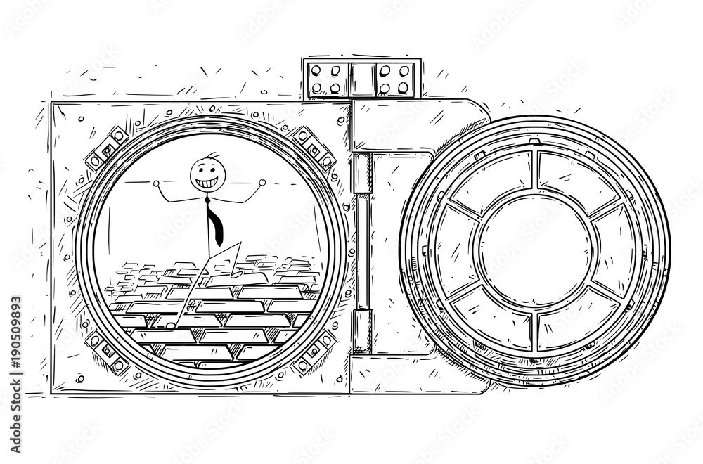 Cartoon vector doodle drawing illustration of open vault door with pile ...