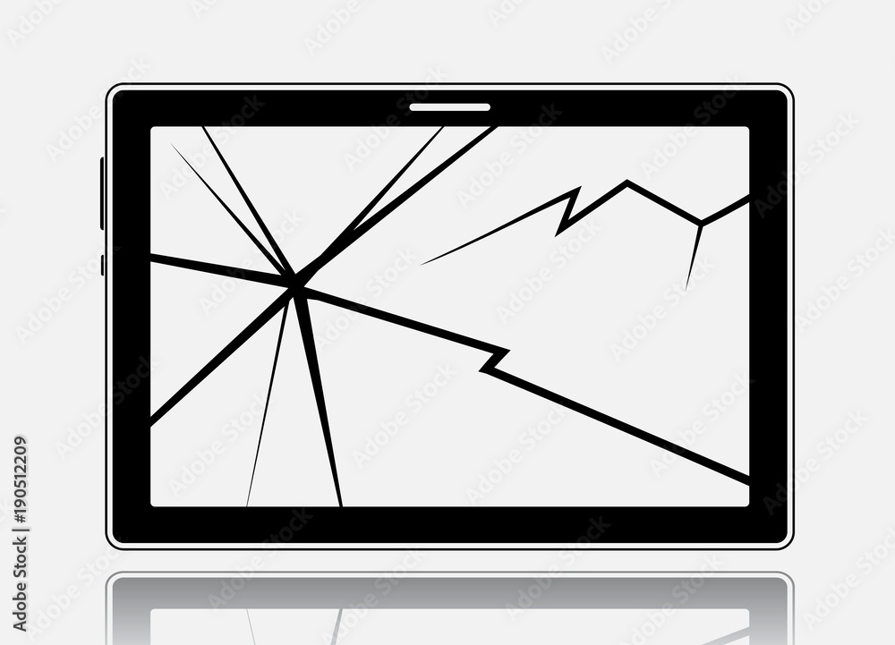 Broken tablet with cracked touch screen, flat icon pictogram with ...