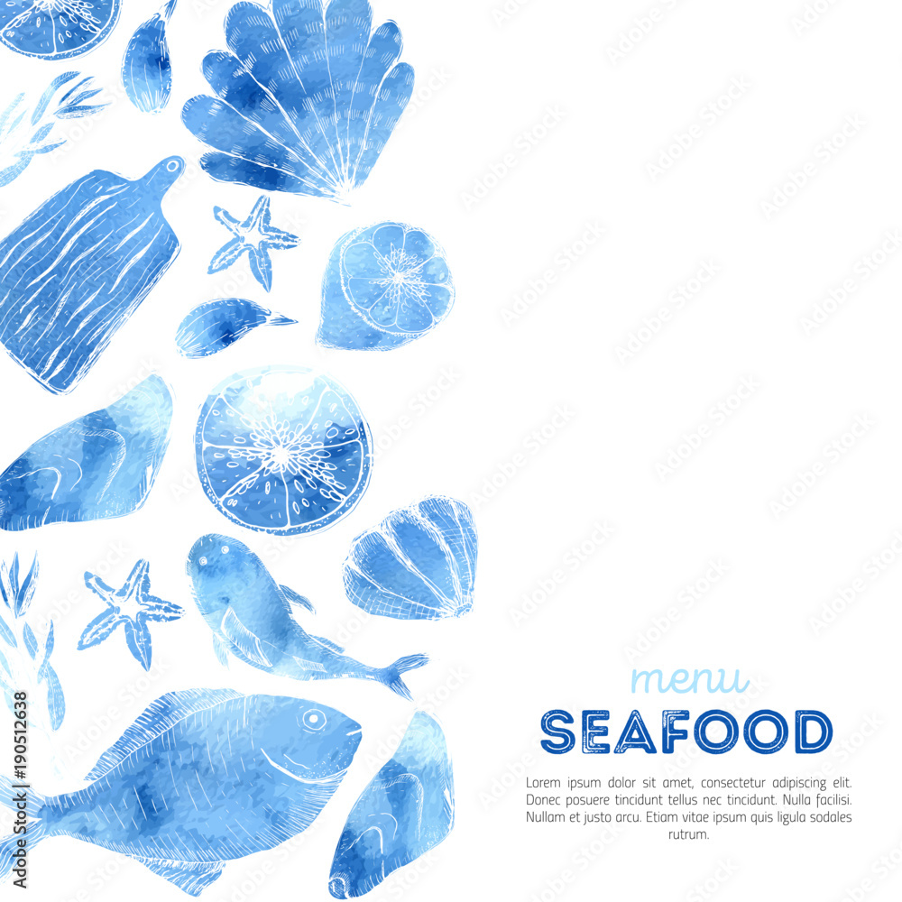 Watercolor Seafood menu design with sketch items. Fish design ...
